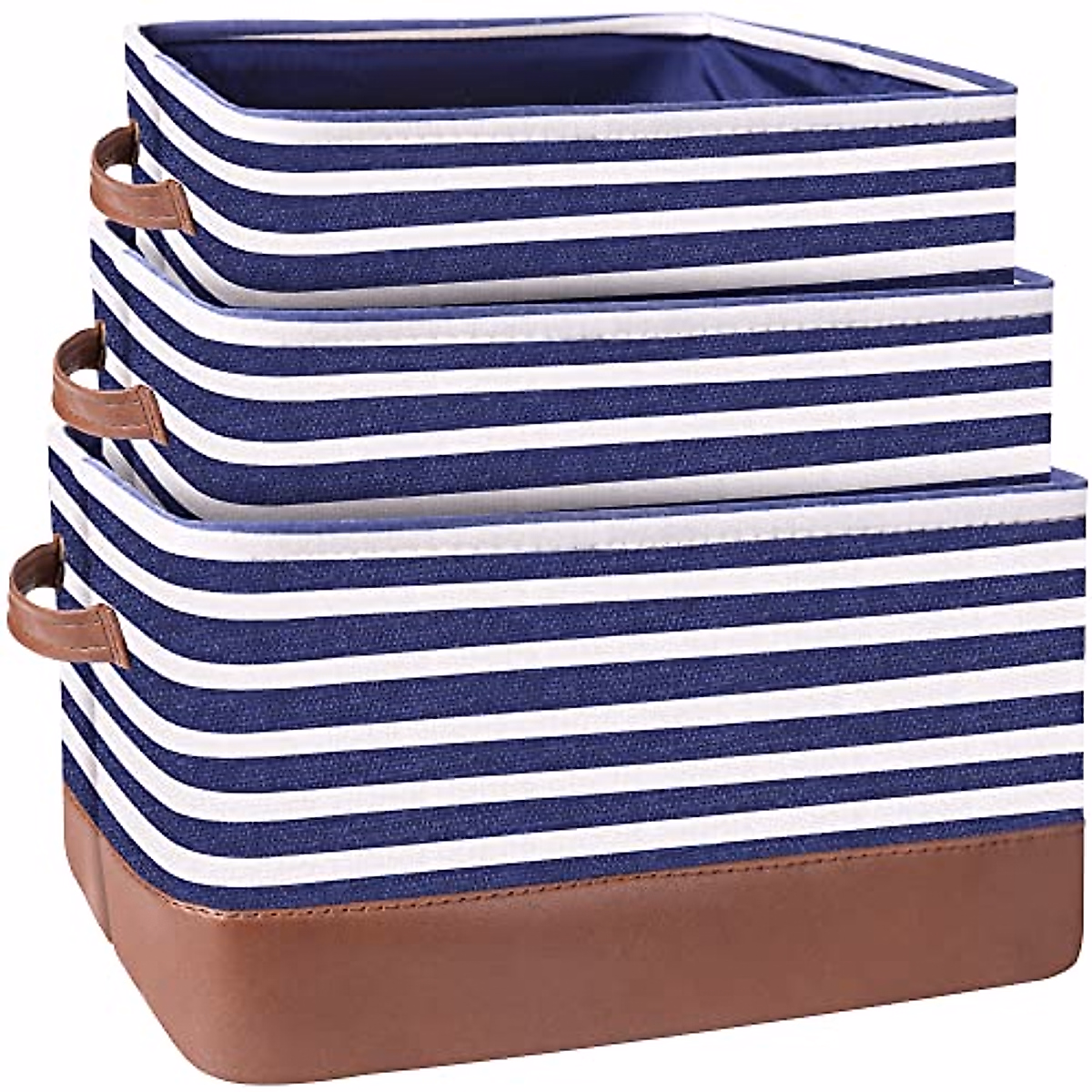 Foldable Storage Bin | Collapsible Sturdy Fabric Storage Basket Cube W/Handles for Organizing Shelf Nursery Toy Closet (BLUE STRIPS, 11.5"+13"+16")