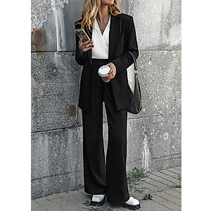 KIRUNDO Women's 2025 Spring Fall 2 Piece Blazer Set Casual Loose Long Blazer Jackets and Dressy Wide Leg Pant Suits Pockets Black