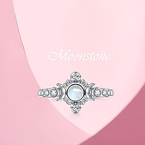 Yearace Genuine Moonstone Ring 925 Sterling Silver Moon Phase Ring Round Moonstone Cubic Zirconia Statement Band Finger Minimalist Ring for Women Girls with Gift Box