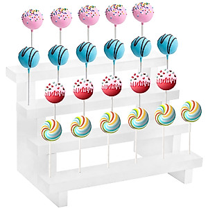 WUWEOT Cake Pop Stand Riser, 22 Holes Wooden Lollipop Holder, 4 Tier White Candy Sucker Display Shelf for Dessert Table of Wedding, Shower, Birthday Party