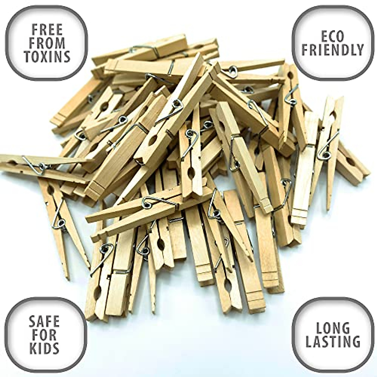 Wooden Clothespins for Crafts with Reusable Storage Bag – 50 Pack Natural Clothes Pins Heavy Duty Outdoor and Indoor Use, Moisture Resistant Laundry Clips with Strong Grip