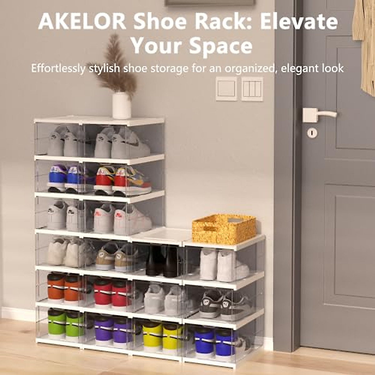 AKELOR 6 Tier Foldable Shoe Storage Boxes, Installation-free Clear Foldable Shoe Box, One-Piece Stackable Shoe Rack, Plastic Storage Shelves Collapsible Shoe Rack Organizer for Closet Bedroom