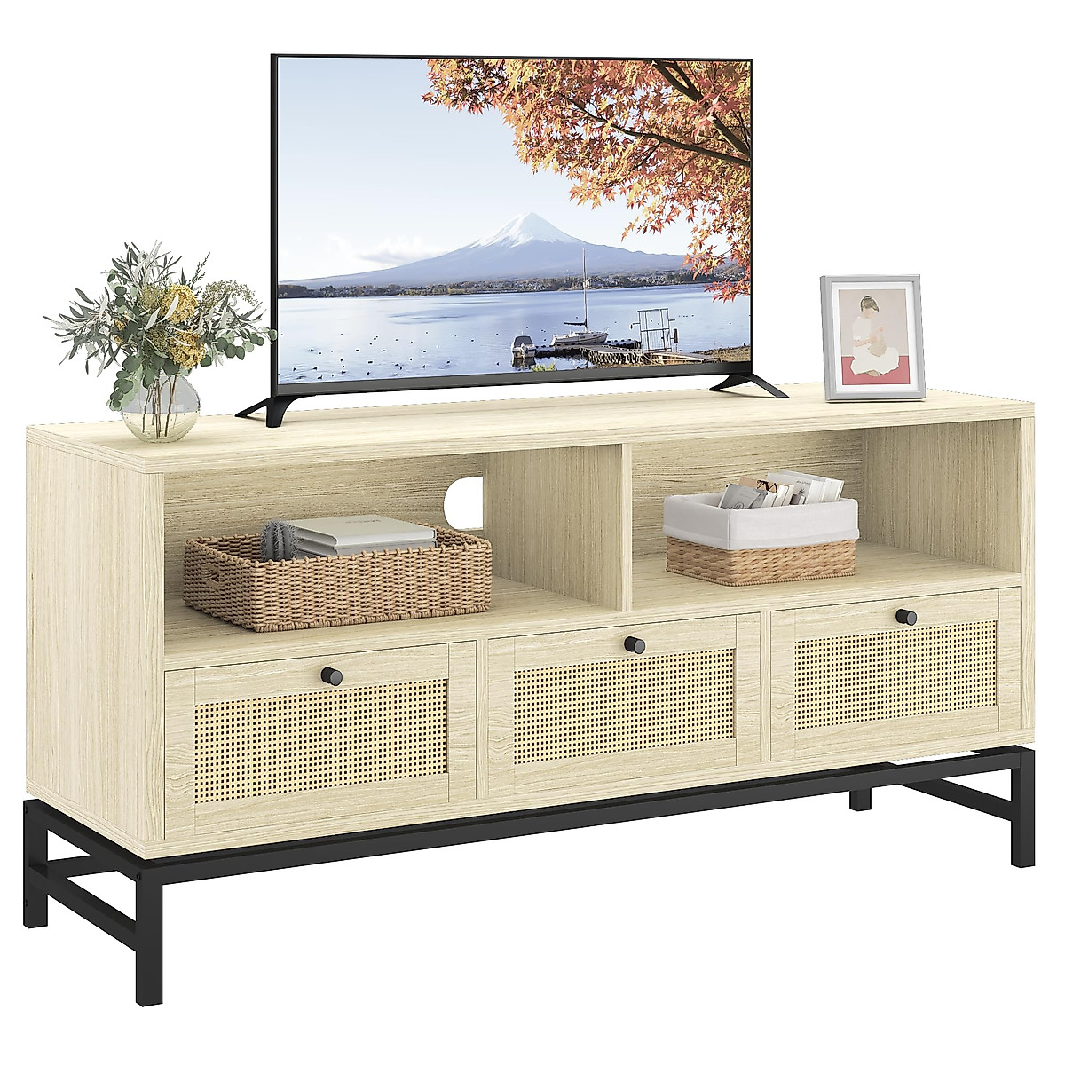 Lamerge 47.2" Rattan TV Cabinet/TV Stand/TV Table with 3 Drawers,Media Console,Boho Farmhouse Entertainment Center,Storage Cabinet for Living Room or Media Room,Natural Oak
