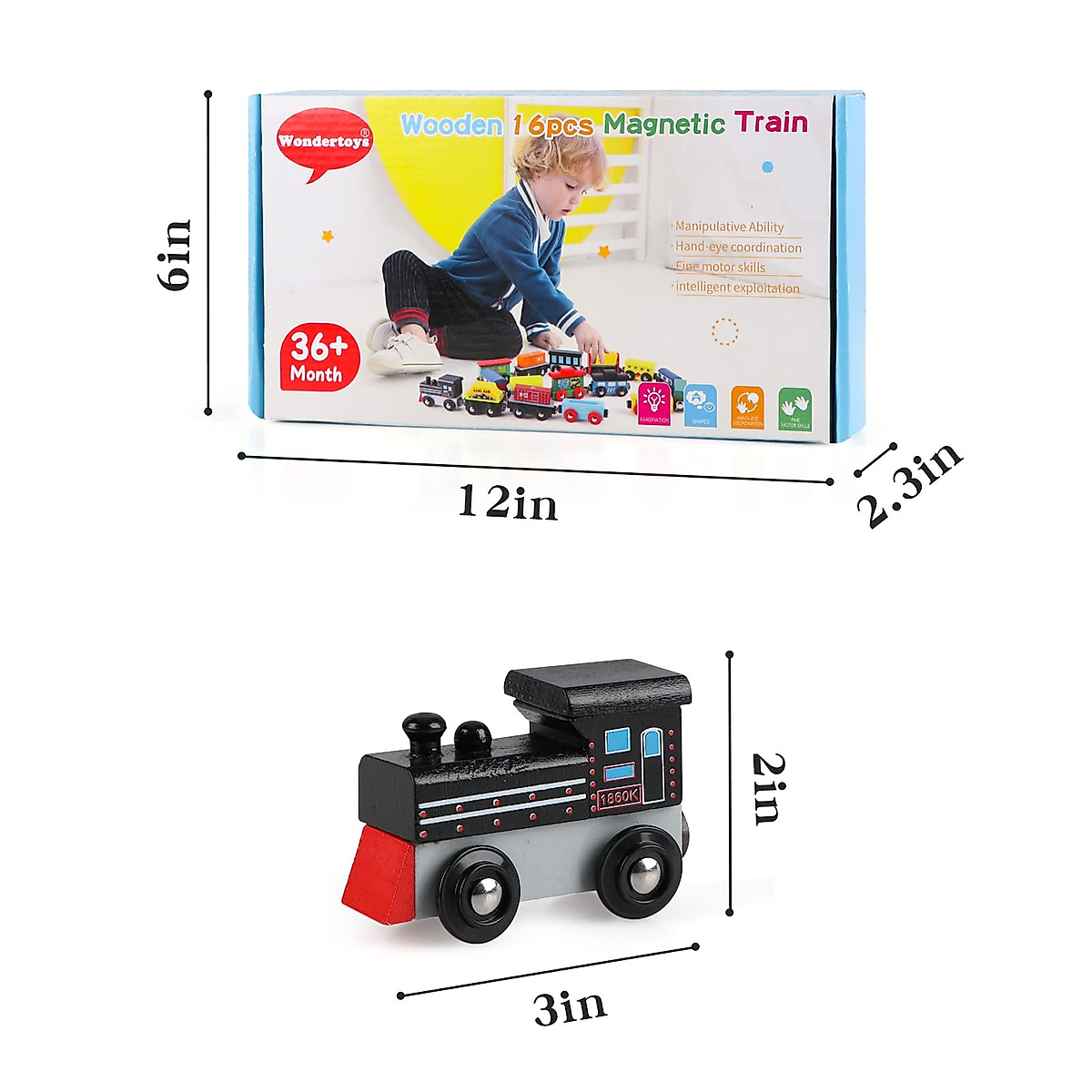 Wondertoys Wooden Train Set 16 PCS Train Toys Magnetic Set includes Storage Bag - Wooden Train Track Accessories - Wooden Magnetic Train Set for Toddlers Kids Boys and Girls