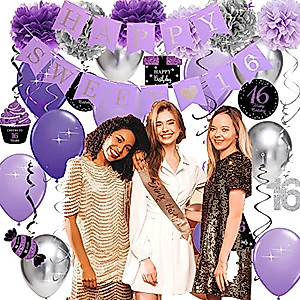Sweet 16 Birthday Decorations Purple-Sweet 16 Purple Party 16th Birthday Banner 16th Birthday Party Supplies Purple Silver Black Foil Hanging Swirls for Girl 16th Birthday Party Decorations