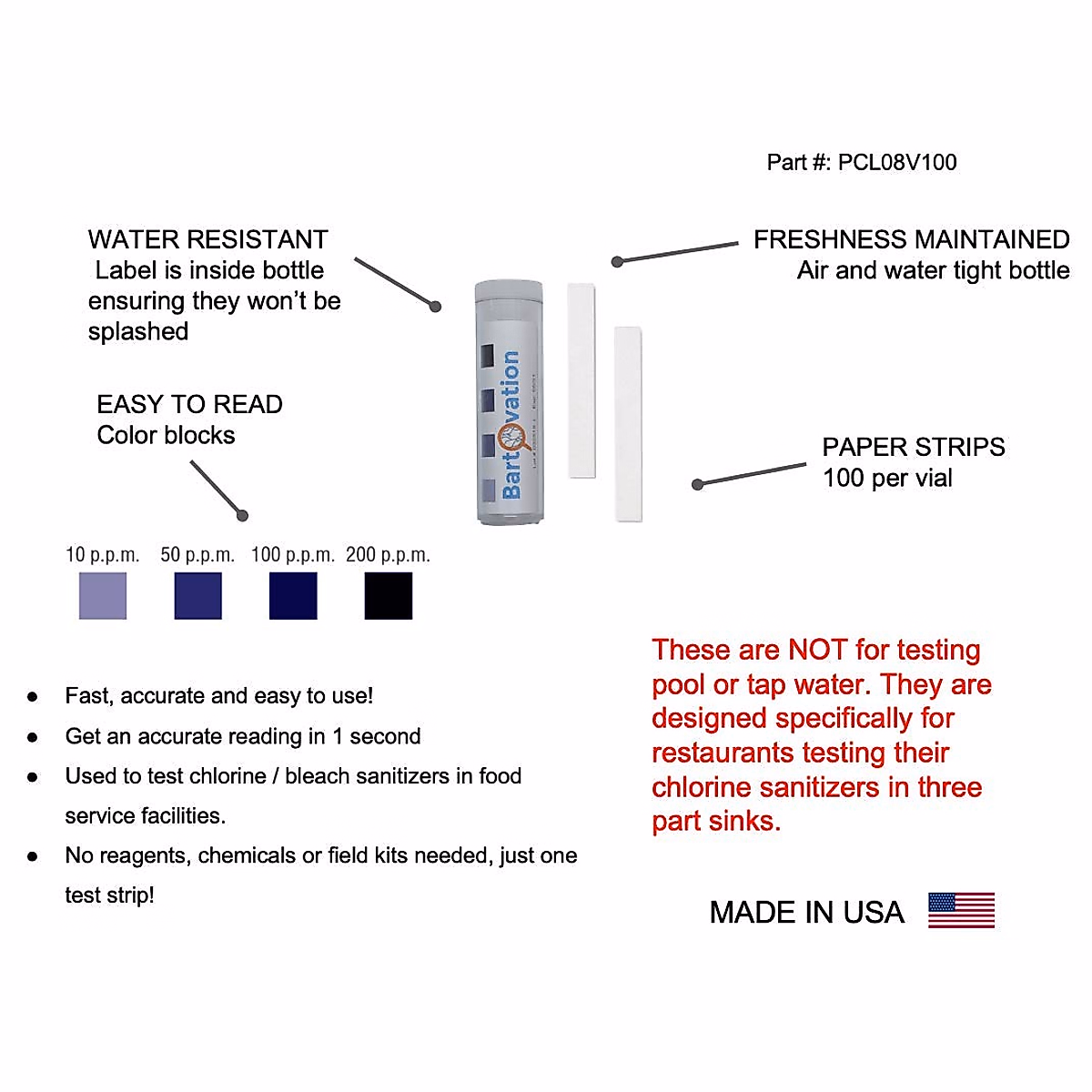 Chlorine Sani Test Strips for Food Service Restaurant Sanitizer Precision Bleach Test Paper, 10-200 ppm [100 Paper Test Strips]