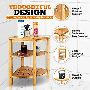 Cosy Kozy Multifunctional 3 Tier Bamboo Waterproof Corner Shower Bench with Storage Shelf - Corner Shower Stool for Inside Shower for Shaving Legs