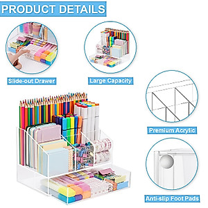 VITVITI Acrylic Desk Organizer, Upgraded Clear Pencil Organizer for Desk, 7 Compartments Stationary Pen Organizer Storage with Drawer, for Office Supply, 500+ Pencils Capacity