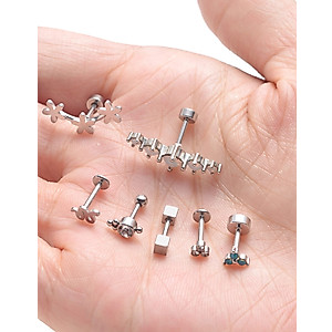 Tornito 18Pcs Cartilage CZ Stud Earrings Conch Forward Helix Tragus Daith Piercing Lip Rings Snake Butterfly Jewelry for Women Men 16G Silver Tone