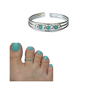 Handmade Silver & Turquoise Color Beaded Triple Band Adjustable Toe Ring, 925 Sterling Silver, Thin Small Dainty Open Toe, Pinky or Knuckle Rings for Women, By MiYa Jewelry Creations