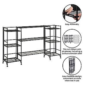 Convenience Concepts Xtra Storage 3 Tier Folding Metal Shelves with Set of 3 Deluxe Extension Shelves - Organizer for Living Room, Office, Bedroom, Garage, Kitchen, Bathroom, Black