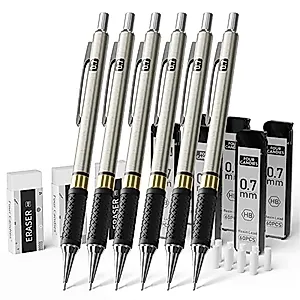 Four Candies Metal Mechanical Pencil Set - 6PCS 0.7mm Art Mechanical Pencils & 360PCS HB Lead Refills & 3PCS Erasers & 9PCS Eraser Refills, Drawing Mechanical Pencils for Writing, Sketching/With Case