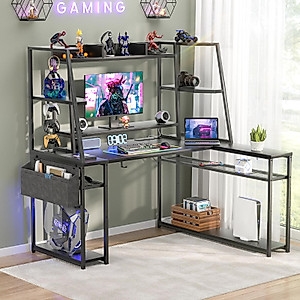 L Shaped Gaming Desk with Hutch & Shelves, 47'' Gaming Computer Desk with LED Lights & Power Strips, Reversible PC Gaming Desk L Shape with Storage, L Desk for Gaming with Monitor Stand, Black