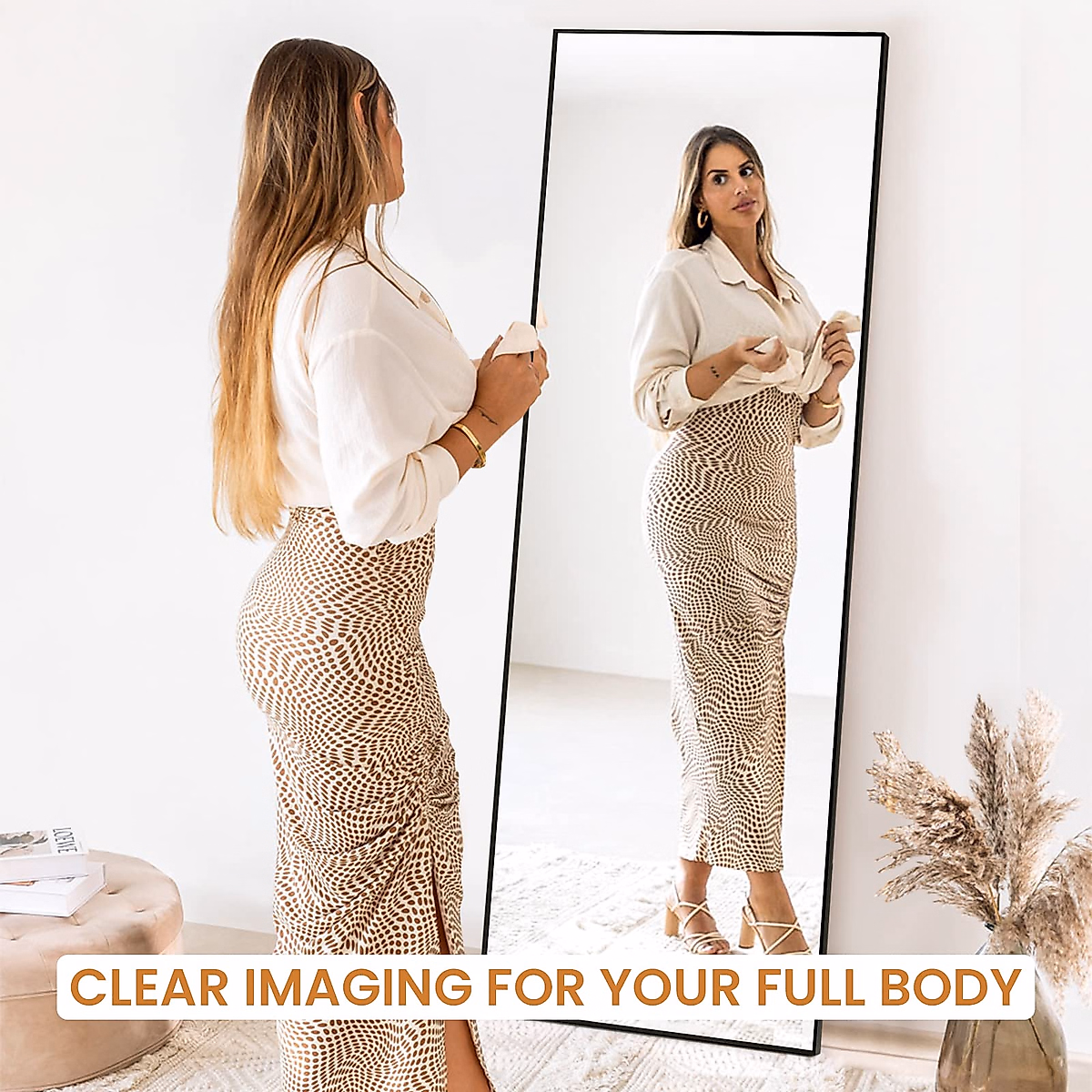 A.T.Lums Floor Mirror, 65" x 22" Full Length Mirror, Rectangle Stainless Steel Metal Frame with Stand, Modern Wall Mounted Mirror, Free Standing or Wall Mounted or Leaning Against Wall, Black