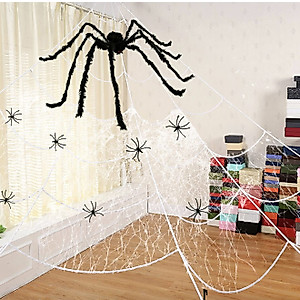 Halloween Spider Web Decoration Outside 16ft + Giant Spider 35" + Stretchy Dense Spider Silk Rope and 2 Small Spiders Triangular Huge Spider Web for Yard Outdoor