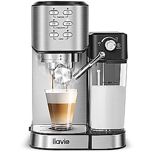 ILAVIE 6-in-1 Espresso Coffee Machine Built-In Automatic Milk Frother, 20 Bar Espresso & Cappuccino & Latte Maker with 34 oz Removeable Water Tank, Ideal for Home Use, Stainless Steel