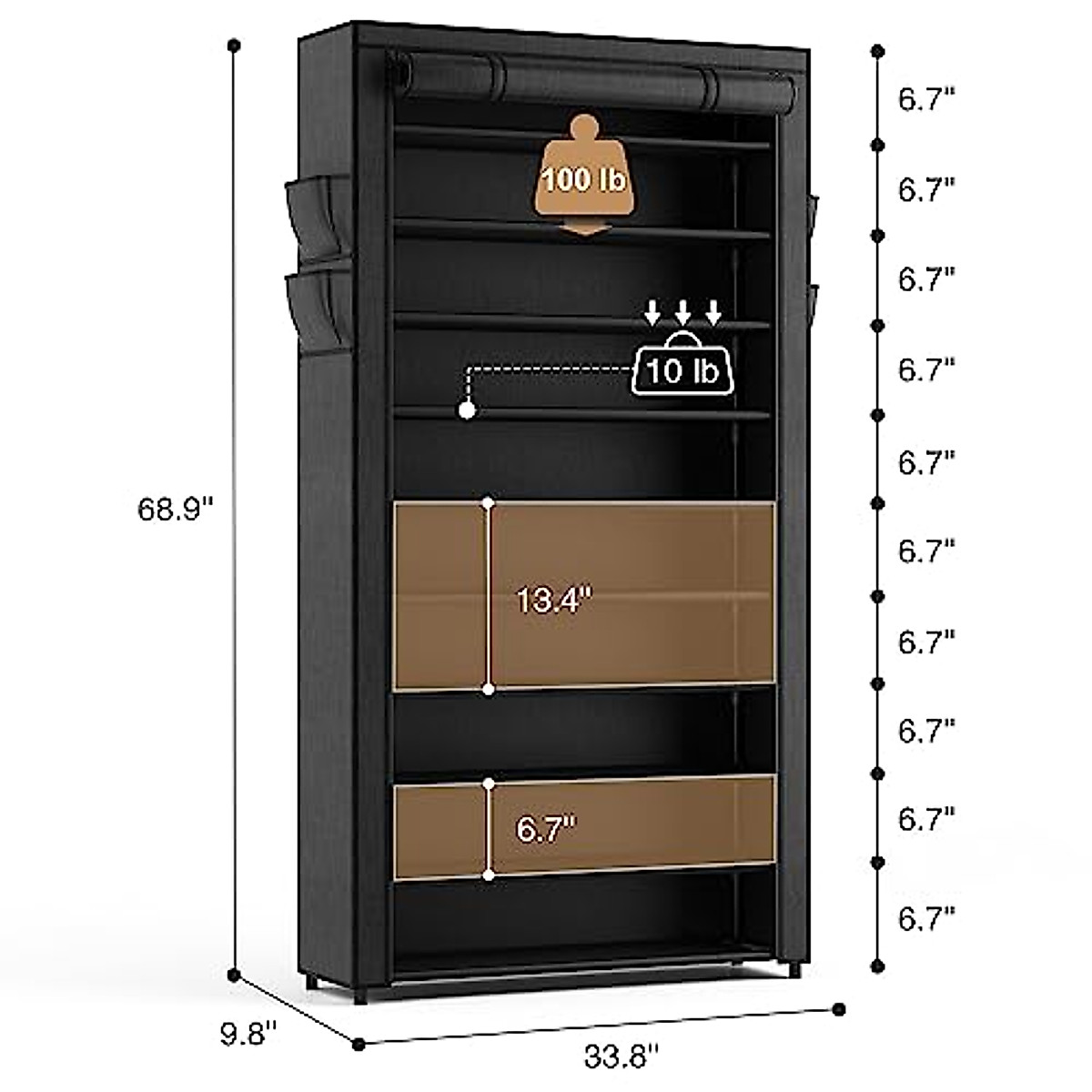 ROJASOP 10 Tier Shoe Rack with Covers,Large Capacity Stackable Tall Shoe Shelf Storage to 50-55 Pairs Shoes and Boots Sturdy Metal Free Standing Shoe Rack Organizer for Closet Entryway Garage Bedroom