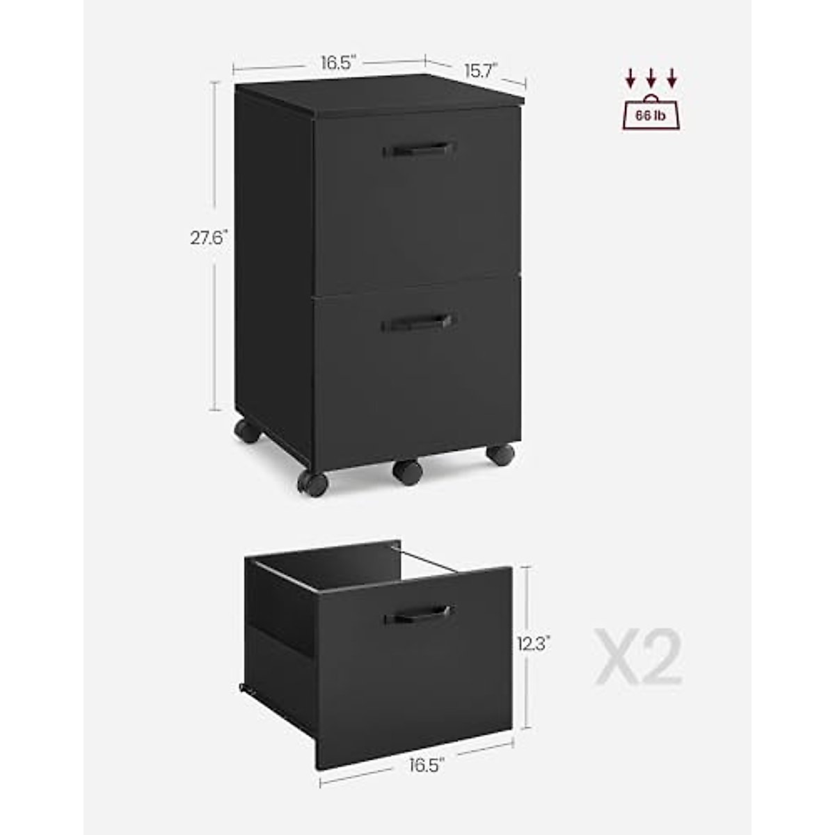 VASAGLE 2-Drawer Rolling File Cabinet, Filing Cabinet for Home Office, Printer Stand, for A4, Letter-Size Files, Hanging File Folders, Industrial, Matte Black UOFC040B16