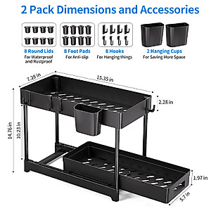 Under Sink Organizers and Storage, 2 Pack Multi-purpose Under Sink Organizer with Sliding Storage Drawer with 8 Hooks and 2 Hanging Cups, 2 Tier Under Sink Storage for Cabinet Bathroom Kitchen, Black