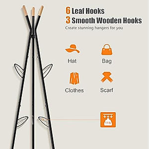 Tajsoon Coat Rack Stand, Coat Tree with Storage Basket and 9 Hooks, Coat Rack Freestanding for Bedroom, Hallway, Office, Coat Hangers Stand for Clothes, Scarves, Hats, Bags, Black