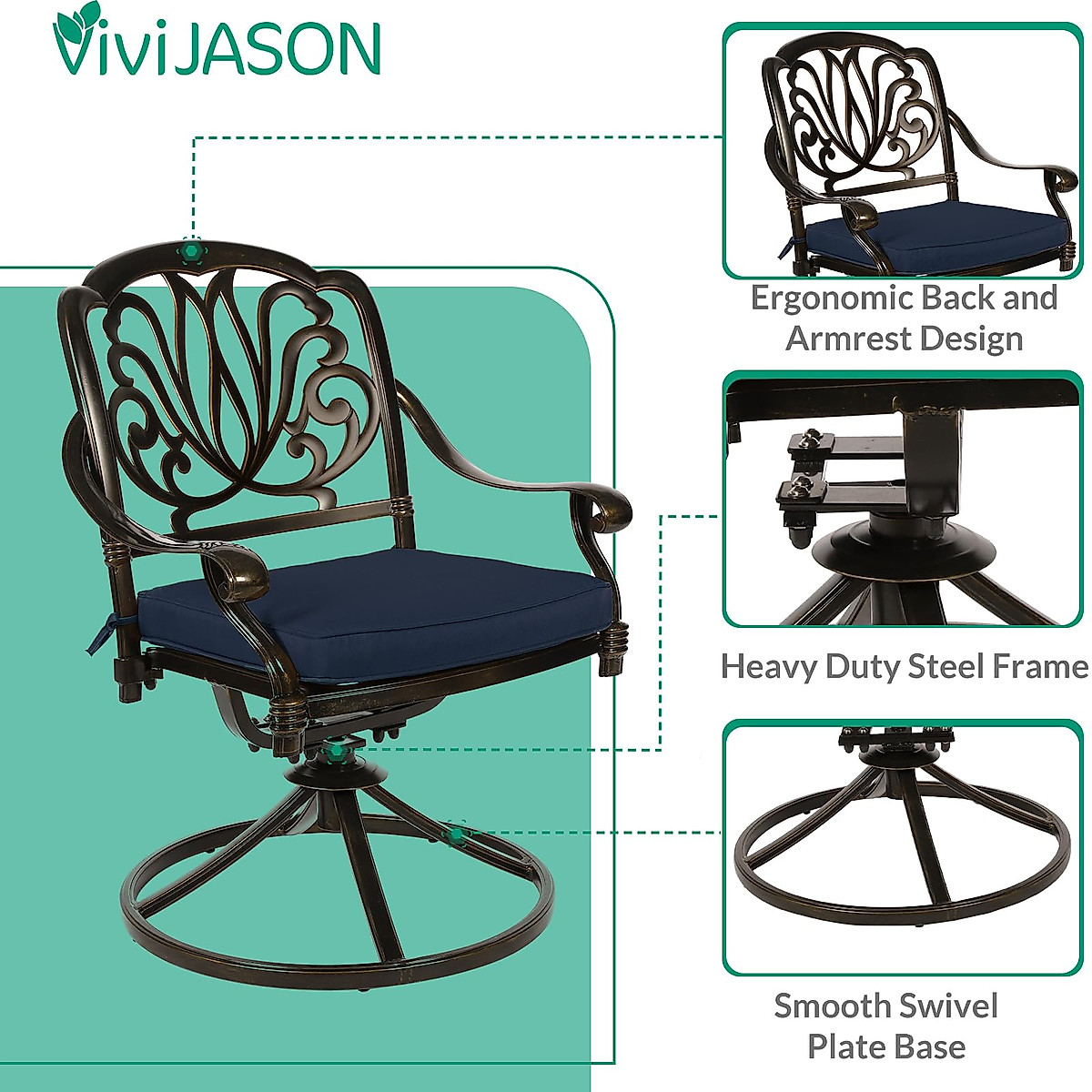 VIVIJASON 5-Piece Outdoor Patio Dining Set, All-Weather Cast Aluminum Conversation Set, Patio Furniture Set, Include 4 Swivel Dining Chairs, a 35.4" Square Table w/Umbrella Hole, Navy Blue Cushion