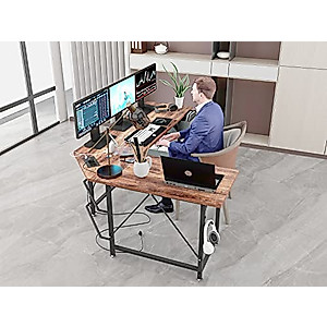 SZXKT L Shaped Desk with Power Outlets,66 inch Corner Computer Desk with Drawers,Gaming Desk Home Office Writing Study Table Reversible L Desk with Storage Shelves and Hooks(Rustic Brown)