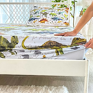 BailiPromise Dinosaur 4 Piece Kids Sheets Queen Size,Jurassic Dinosaur Bedding Sheet Set,Boys Printed Flat Sheet Fitted Sheet with 16" Deep Pocket,100% Microfiber Ultra Soft and Skin Friendly