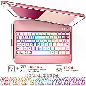 MMK® Keyboard Case for iPad 10.2 inch 9th Gen 2021,iPad 8th Generation 2020,iPad 7th Generation 2019,10 Color Backlit 360 Rotatable Wireless Detachable Bluetooth Keyboard Cover Tablet Case