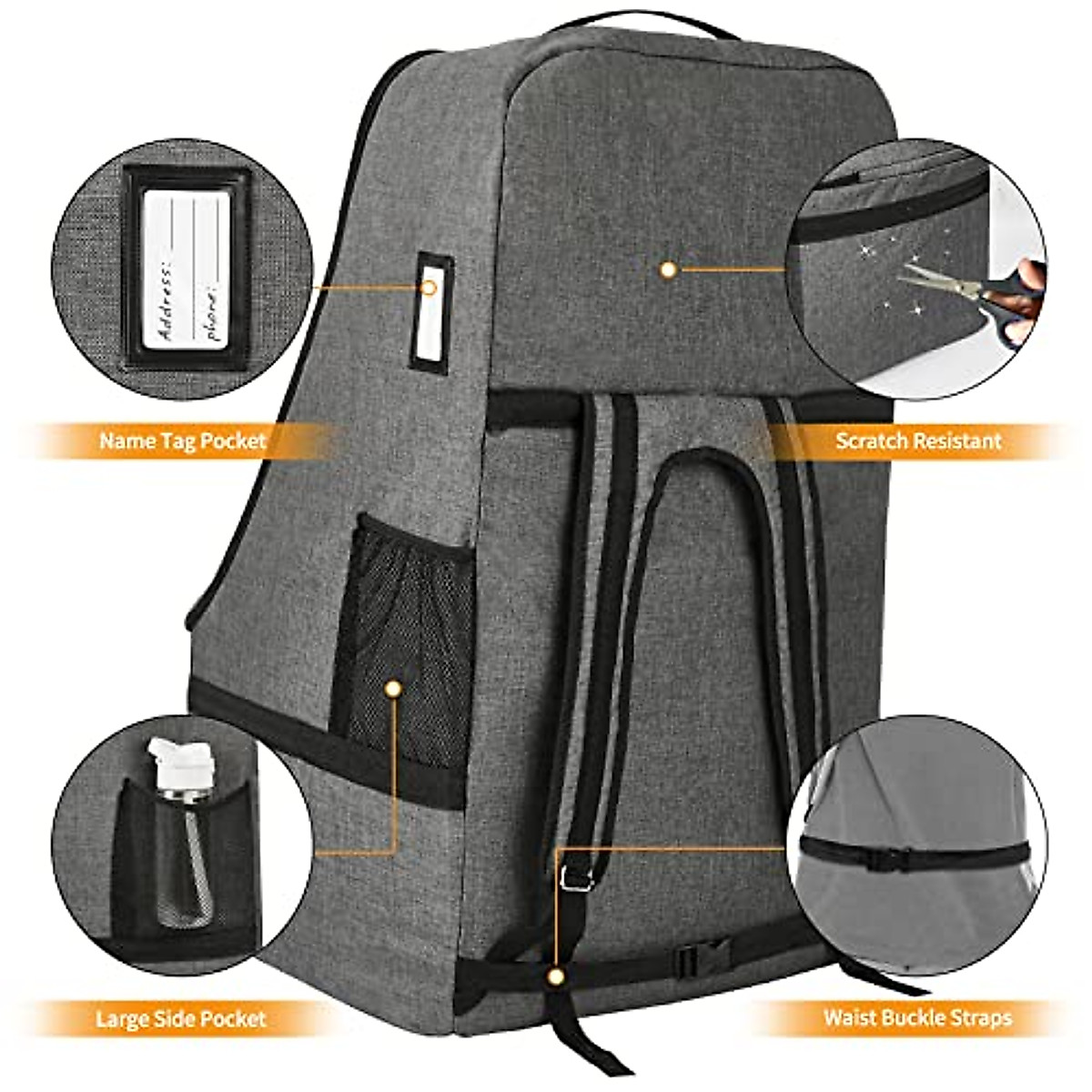 TINY GOGO Car Seat Travel Bag, Infant Car Seat Bags for Air Travel Gate Check, Large Durable Travel Car Seat Cover Carrier Backpack with Padded Shoulder Strap, Dark Linen Grey