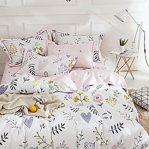 Fresh Flower Print 4 PCS Bedding Set 【1 Queen Duvet Cover + 2 Standard Pillowcases + 1 Queen Fitted Sheet】