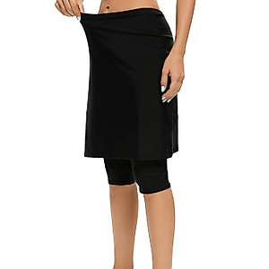MAXE Women Swim Skirt with Legging Sun Protective UPF 50+ Swimming Tight Attached Skort Capris Black, Small