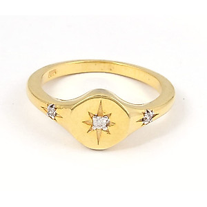 Sterling Silver Signet Ring, Cz Ring, North Star Ring, Polaris Ring, Unique Silver Ring, Star Signet Ring, Starburst Ring, Celestial Ring (White, 9), Yellow,White (Ajr0015)