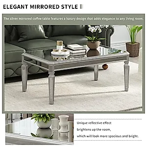 EMKK Sleek Glass Mirrored Coffee Adjustable Legs, Easy Assembly Cocktail Sturdy Design, Luxury Contemporary Center Table for Living Room, Silver
