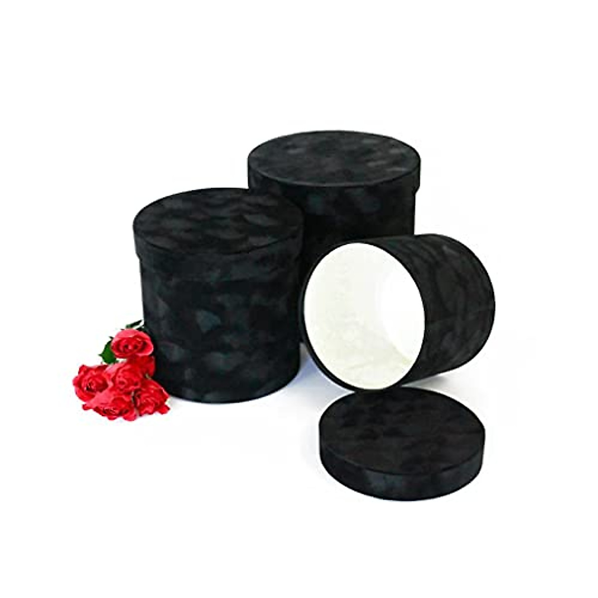 UNIKPACKAGING Premium Quality Round Velvet Flower Box, Gift Boxes for Luxury Flower and Gift Arrangements, Set of 3 pcs (Black)