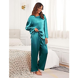 Bloggerlove Silk Pajamas for Women Long Sleeve Satin Loungewear Two-Piece Sleepwear Pullover Pj Set Outfit Green