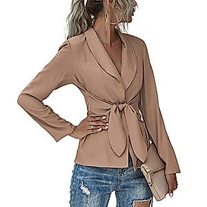 LYANER Women's V Neck Blazer Jacket Self Tie Knot Long Sleeve Elegant Workwear Blouse Khaki Small