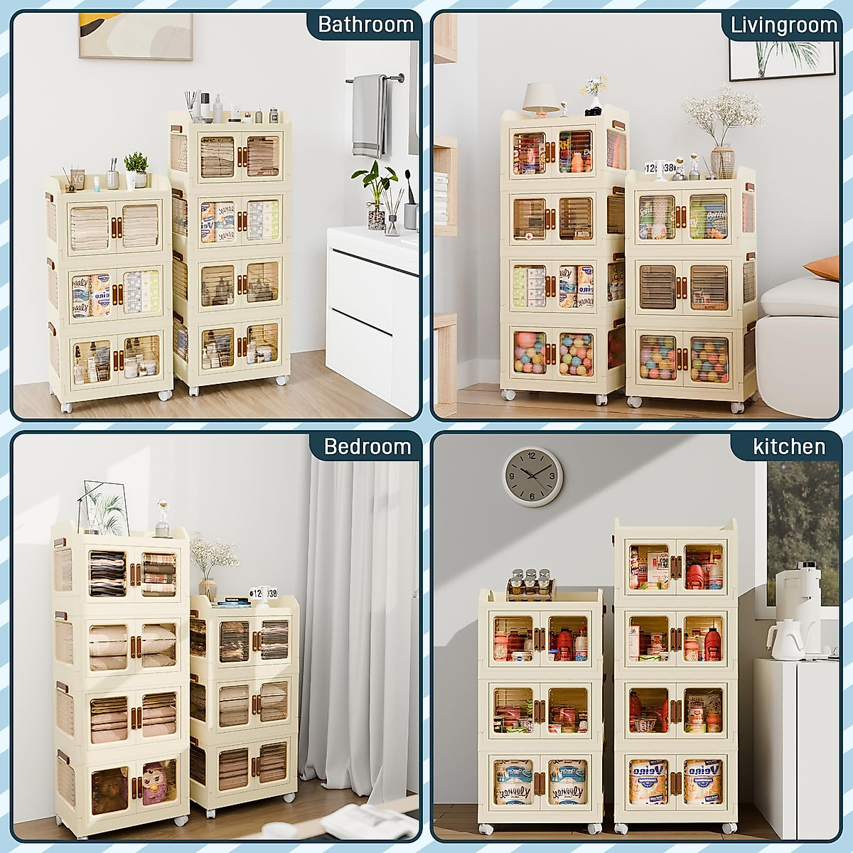 GARPROVM 3 Tier Stackable Storage Bins with Doors and Wheels 42 GAL, Storage Box 168QT Foldable Storage Bins with lids Storage Closet Clothes Organizer Storage Cabinet for Bedroom Living Room