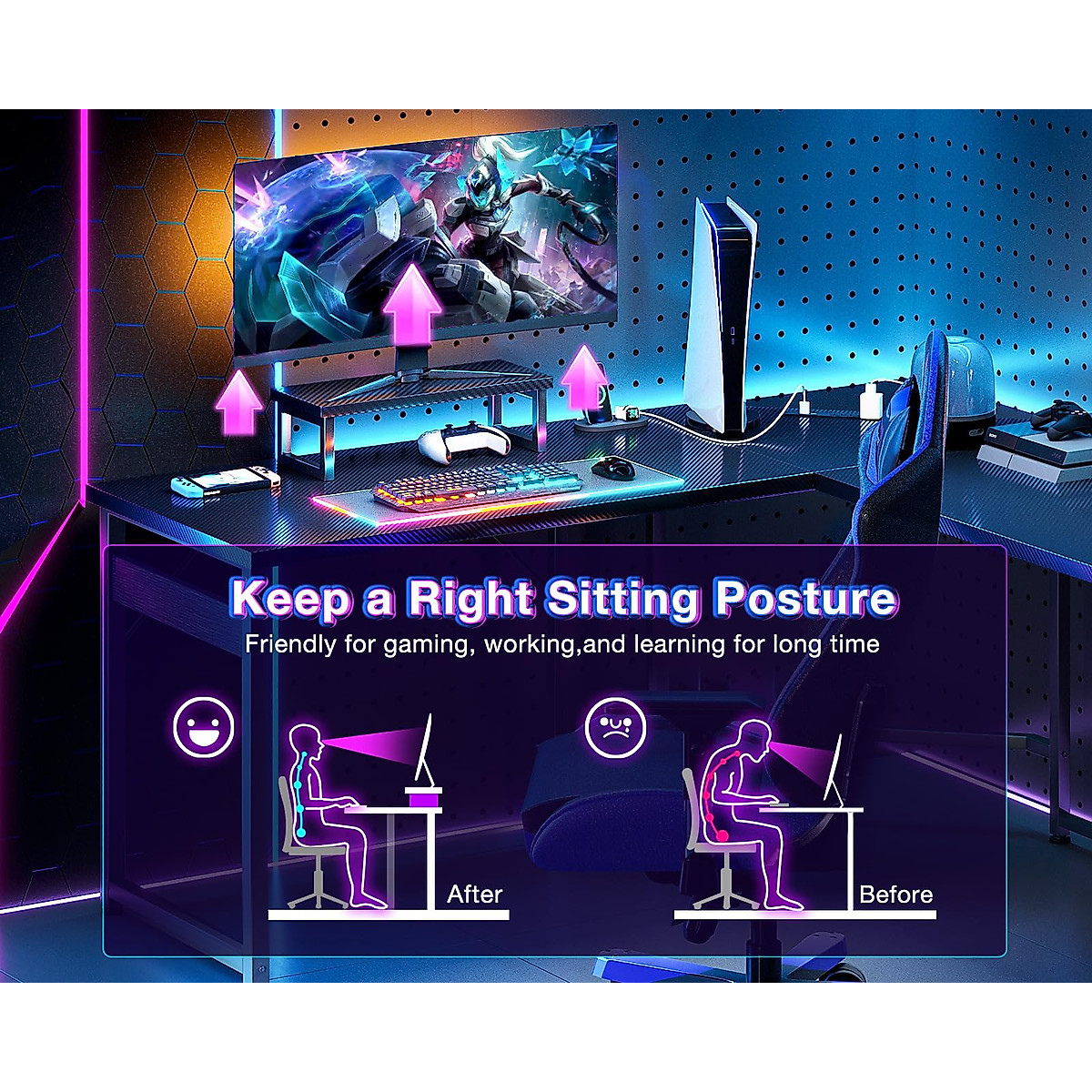 Casaottima 51 inch L Shaped Gaming Desk with Power Outlets and USB Port, Corner Desk Gaming Table with Monitor Stand for Home Office, Computer Desk for Small Space, Carbon Fiber Surface, Black