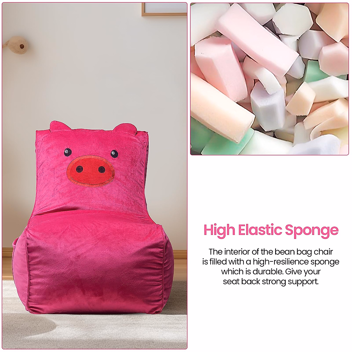 Recaceik Kids Bean Bag Chair, Soft Memory Foam Filled Bean Bag Seat for Baby Girl/Boy, Animal Bean Bag Chair with Removable Cover and Top Handle, Cartoon Sofa for Nursery, Playroom, Living Room