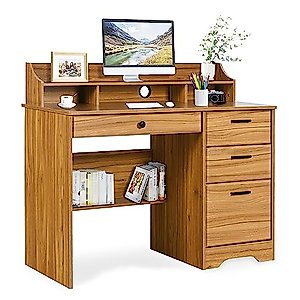 Computer Desk with 4 Drawers and Storage, Small Office Desk with File Drawers and Hutch, Farmhouse Wood Writing Student Table for Home Office, Bedroom, Rustic Brown