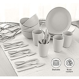 Wheat Straw Dinnerware Sets for 4 Lightweight & Unbreakable Dishes Microwave & Dishwasher Safe Perfect for Camping, Picnic, RV, Dorm Plates, Cups and Bowls (Beige, 24pc Set)