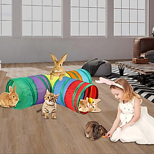 Rabbit Tunnel Collapsible 3 Way Bunny Tunnels and Tubes with Interactive Ball Bunny Hideout Small Animal Activity Tunnel Toys for Dwarf Rabbit Bunny Guinea Pig Kitty