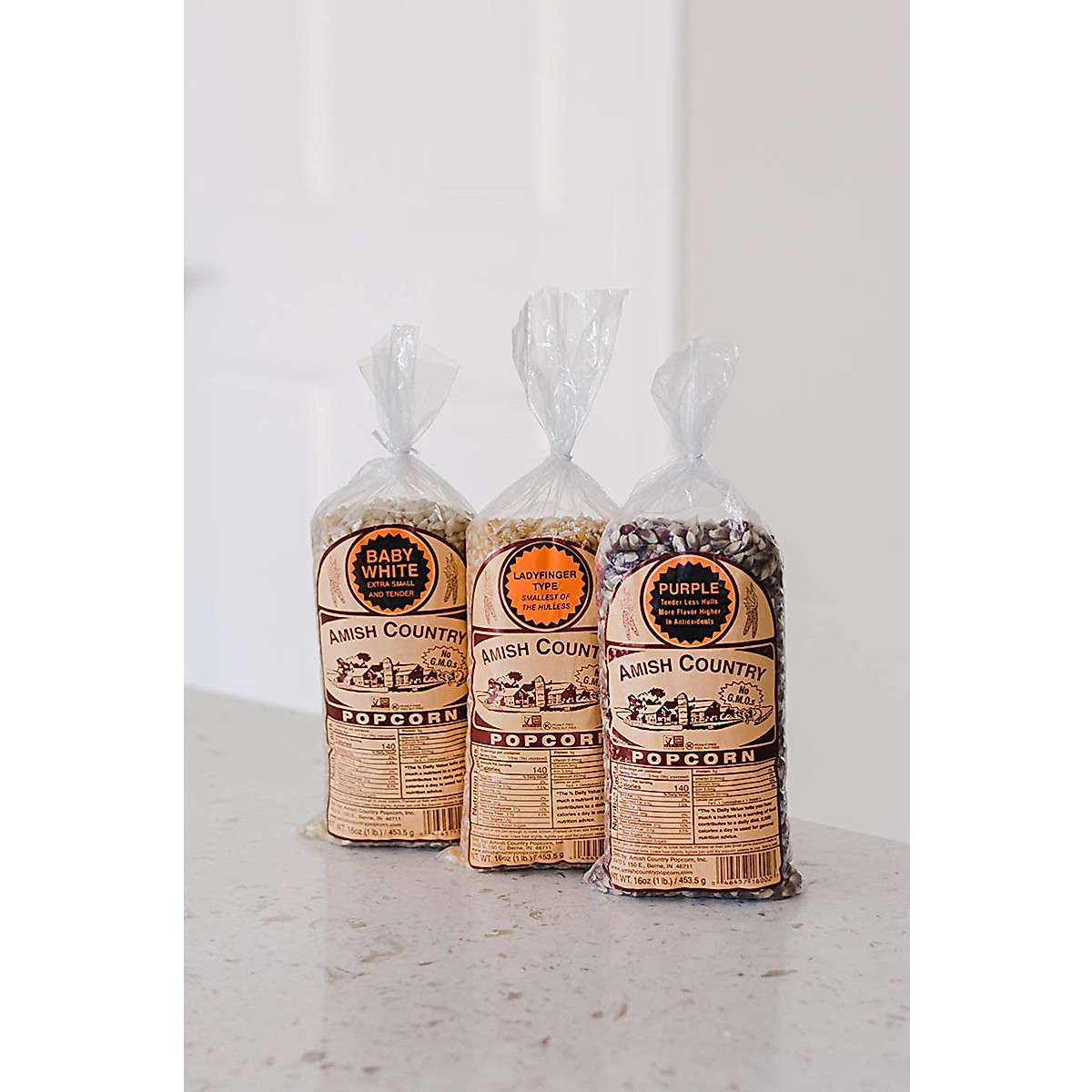 Amish Country Popcorn | 3-1 lb Bags | 1 lb Baby White, 1 lb Ladyfinger, and 1 lb Purple Popcorn Kernels Variety Pack | Old Fashioned, Non-GMO and Gluten Free (3-1 lb Bags)