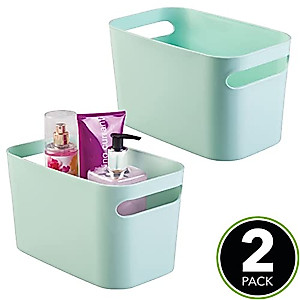 mDesign Deep Plastic Bathroom Bin with Handles, Storage Organizer for Vanity Countertop, Hold Soap, Body Wash, Shampoo, Lotion, Conditioner, Hand Towels - 10" Long, Aura Collection, 2 Pack, Mint Green