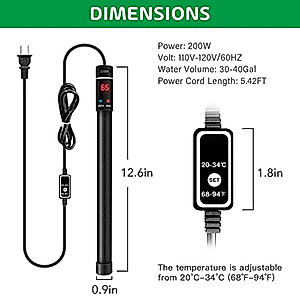 Simple Deluxe Submersible Aquarium Heater, 200W Fish Tank Heater with Intelligent LED Temperature Display and External Temperature Controller for Saltwater, Freshwater