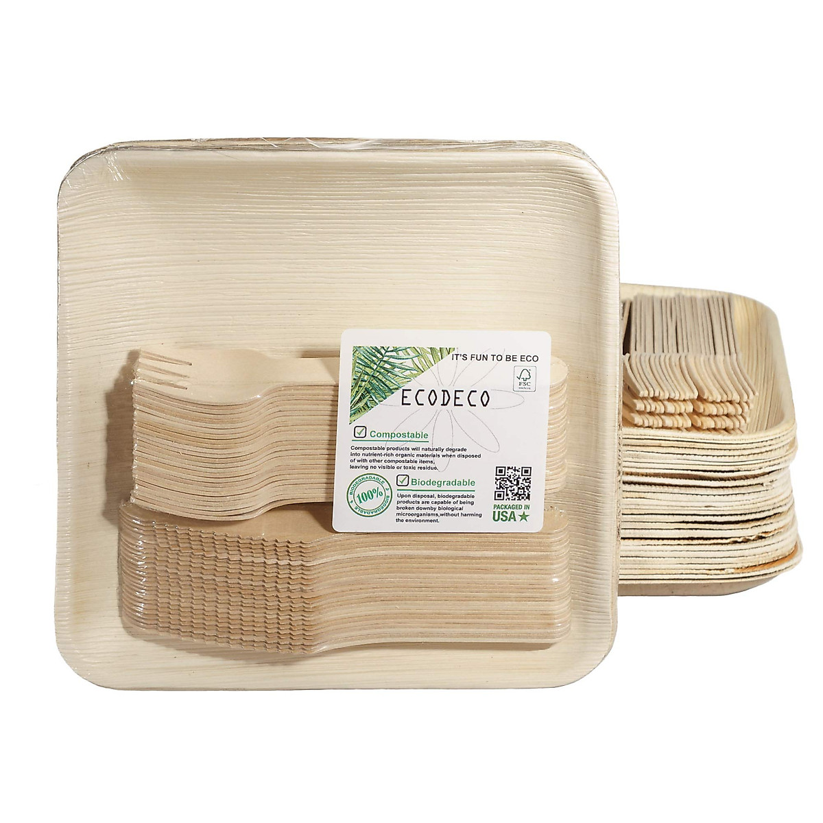 Ecodeco Palm Leaf Compostable Plates - 50 pcs - Square - Disposable Eco Friendly Like Bamboo Party Plates with Cutlery - 8 Inch