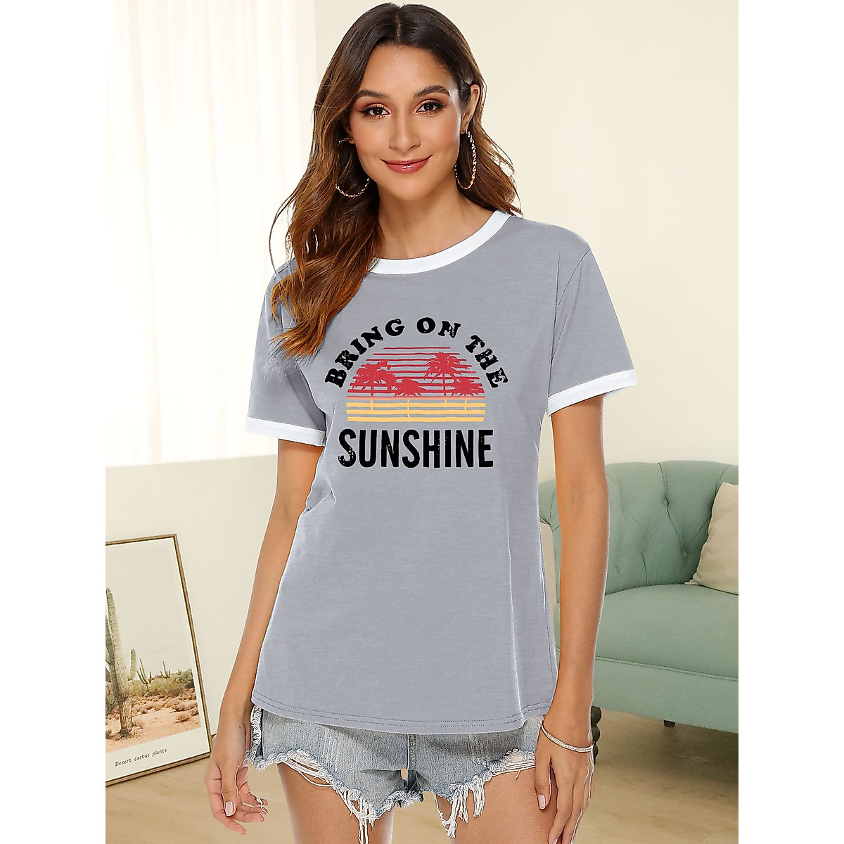 Nlife Bring On The Sunshine Graphic Short Sleeves Tees Blouses for Women Tops Sweaters for Women