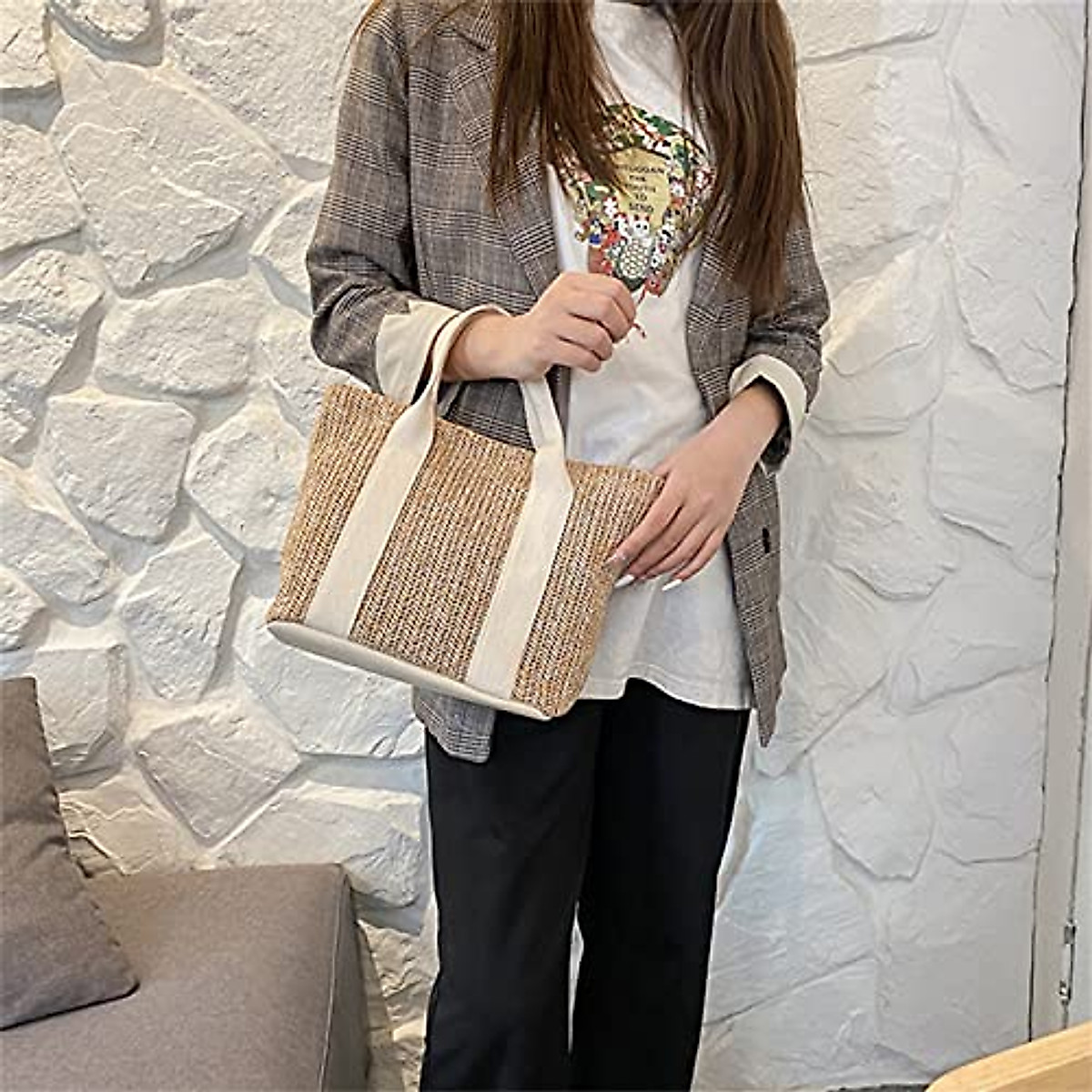 Mini Straw Tote Bag Natural Straw Woven Beach Bag Casual Shoulder Bags Handbag for Women Fashion Street Bags (Beige, One Size)