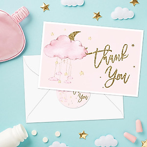 Whaline 36 Pack Pink Baby Shower Thank You Cards with Envelopes Matching Seal Stickers Glitter Starry Twinkle Moon Blank Note Cards for Birthday Supplies