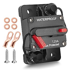 RED WOLF 120 AMP Car Circuit Breaker w/Manual Reset Switch Inline Fuse Holder Inverter for Motor Trolling Vehicles Audio Radio Solar System Protection 12V-48V DC with Wire Lugs Copper Washer Screws